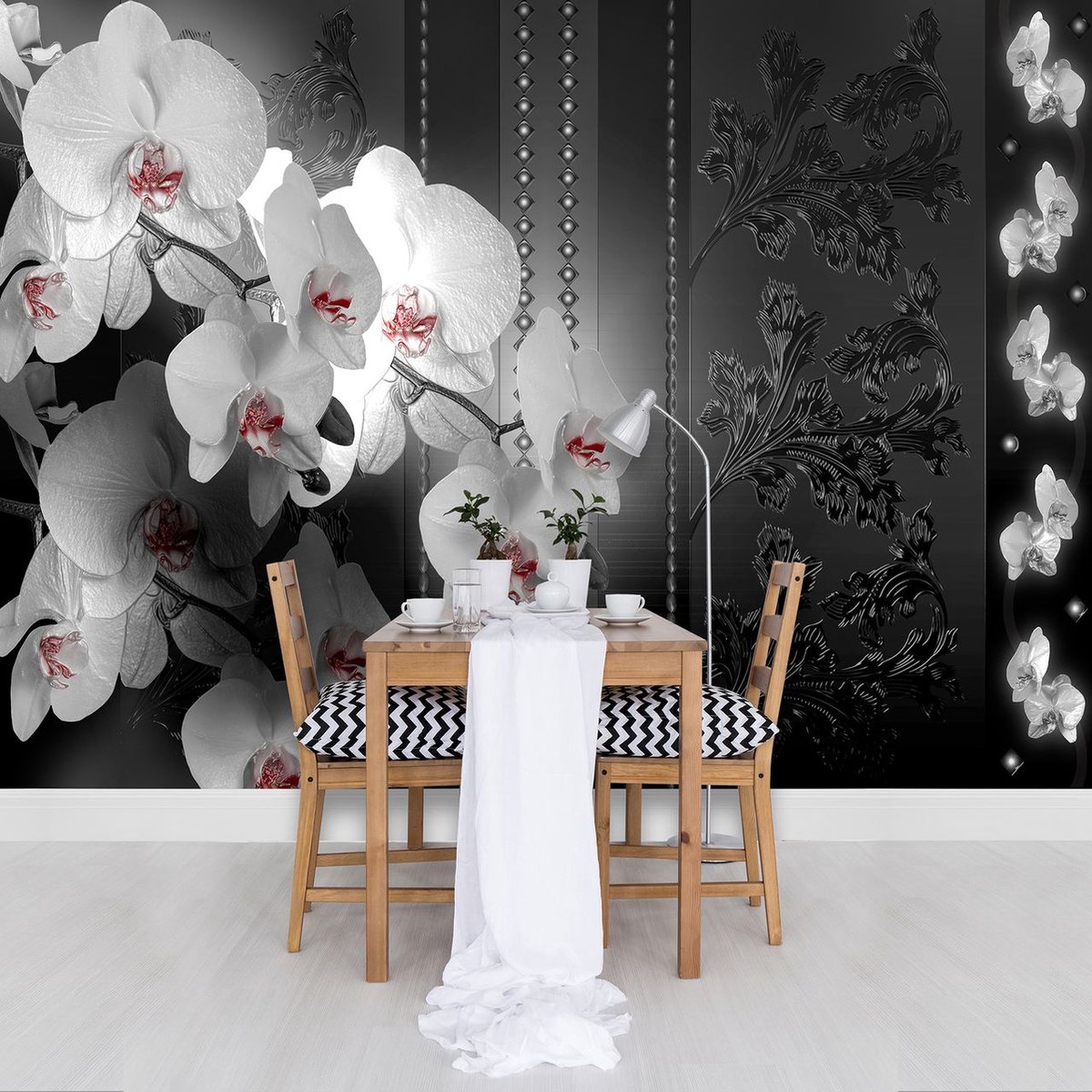Fotobehang - Vlies Behang - Orchideeën en Luxe Patroon - Zwart-wit ...