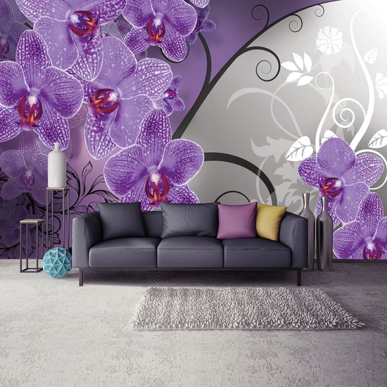 Fotobehang - Vlies Behang - Luxe Paars Bloemenpatroon - Kunst - 254 x ...