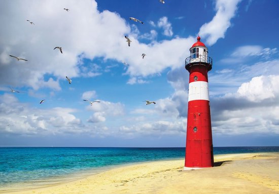 Fotobehang - Vlies Behang - Vuurtoren op het Strand aan Zee - 254 x 184 ...