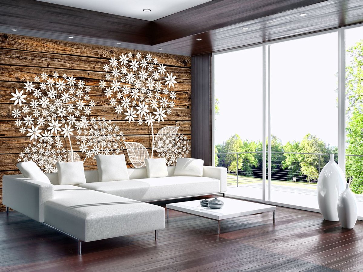 Fotobehang - Vlies Behang - Witte Bloemetjes op Houten Planken Kunst ...