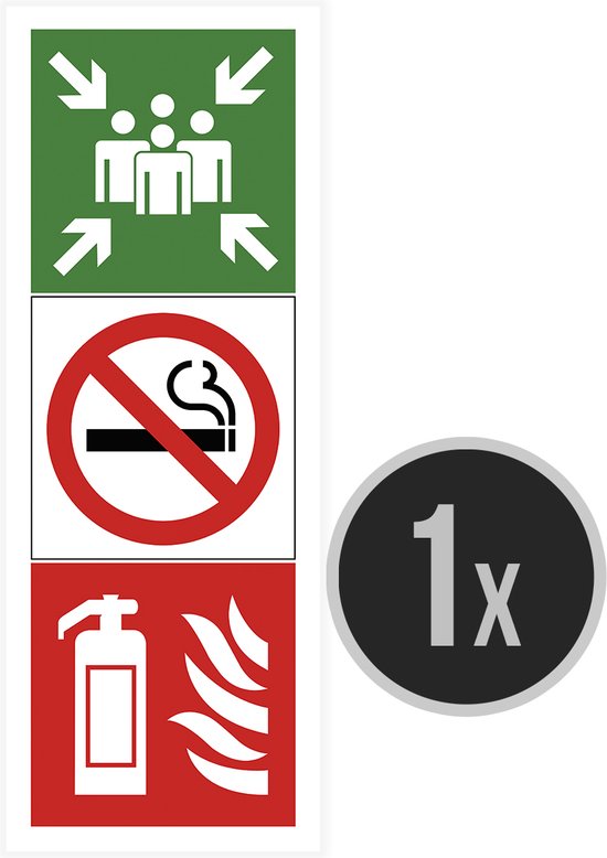 Bord | 3 pictogrammen verzamelplaats/ rookverbod / brandblusser | 18 x ...