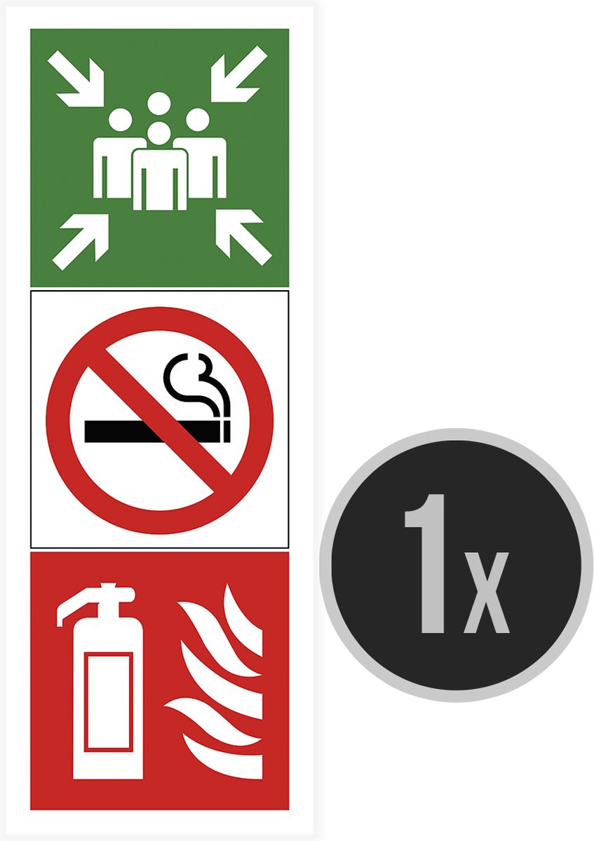 Bord | 3 pictogrammen verzamelplaats/ rookverbod / brandblusser | 18 x ...