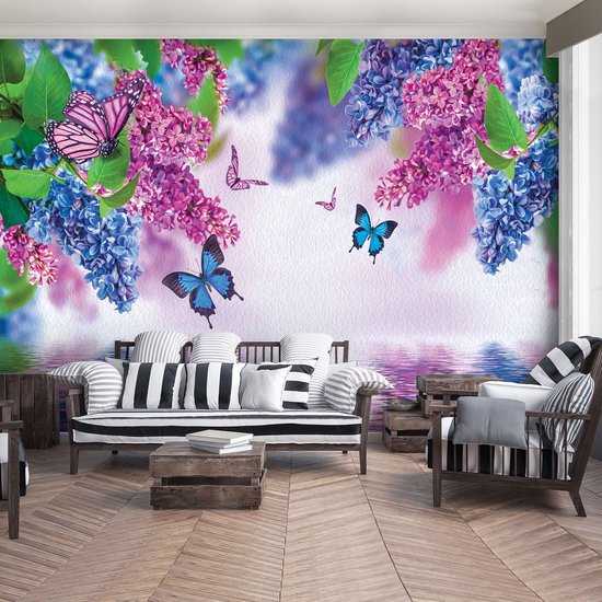 Fotobehang - Vlies Behang - Hortensia's en Vlinders - Hortensia - Bloemen - 254 x 184 cm | bol.com