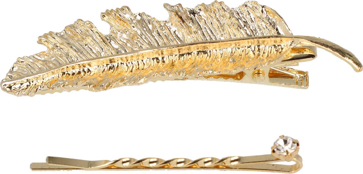 Haarspeld Duckklem + Schuifspeldje Veer Strass Steentje Goud 2 Stuks ...