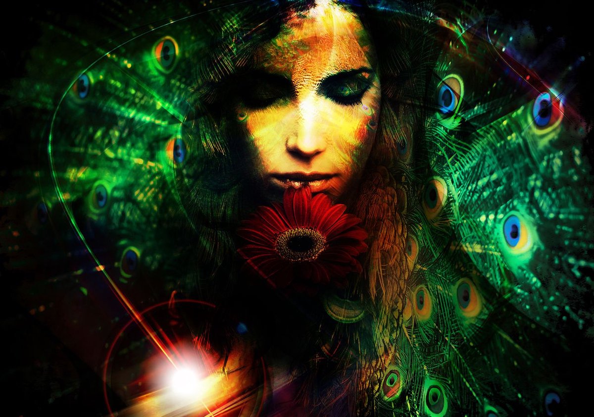 Fotobehang - Vlies Behang - Vrouw, Pauwveren en Bloem Kunst - 254 x 184 cm | bol.com