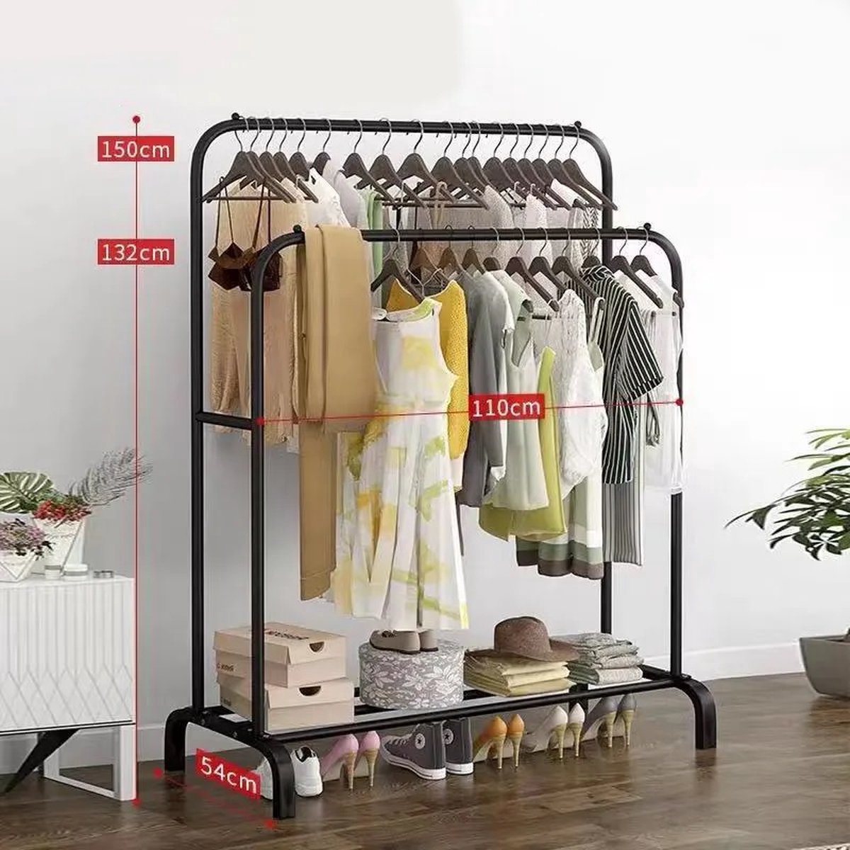 Kledingrek zwart 150 x 110 x 54 CM - Kleding rek metaal 2 ophangstangen ...