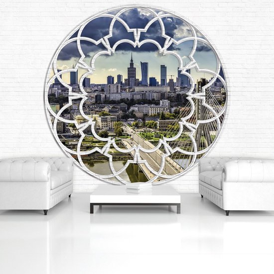 Fotobehang - Vlies Behang - Grote Stad door Rond Raam 3D - 254 x 184 cm ...