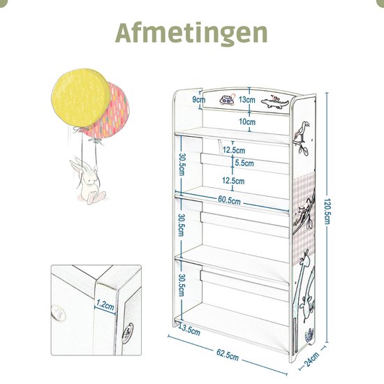 Boekenrek Kind - Boekenrek Kinderkamer - Boekenkast Kind - 62.5x24x120 ...