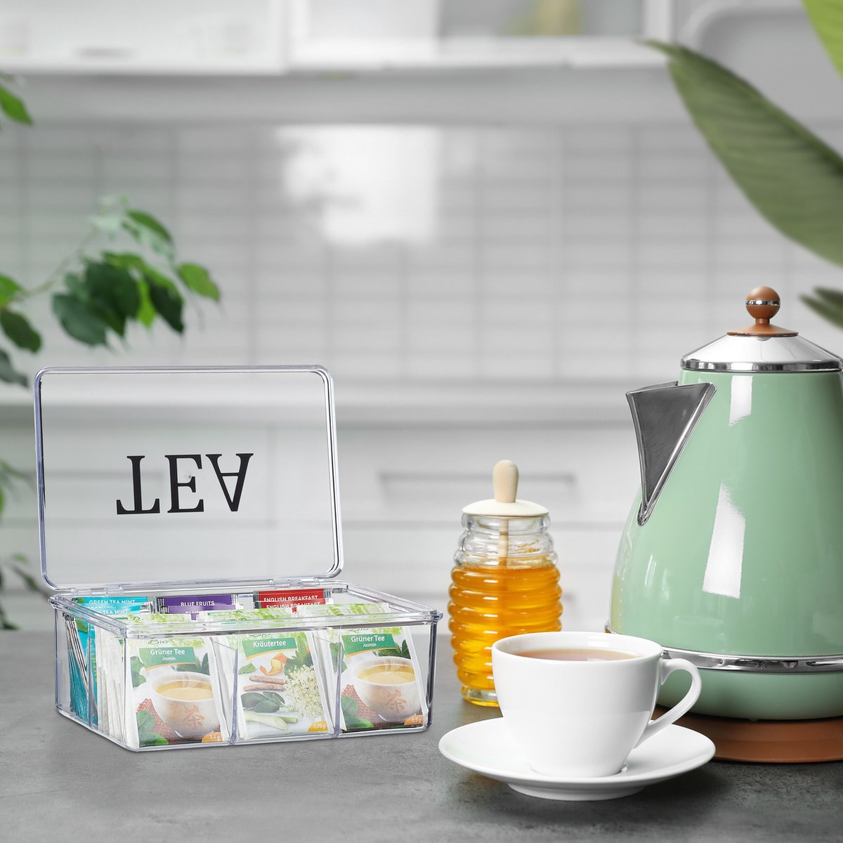 Relaxdays theedoos 6 vaks - kunststof theekist - moderne bewaardoos ...