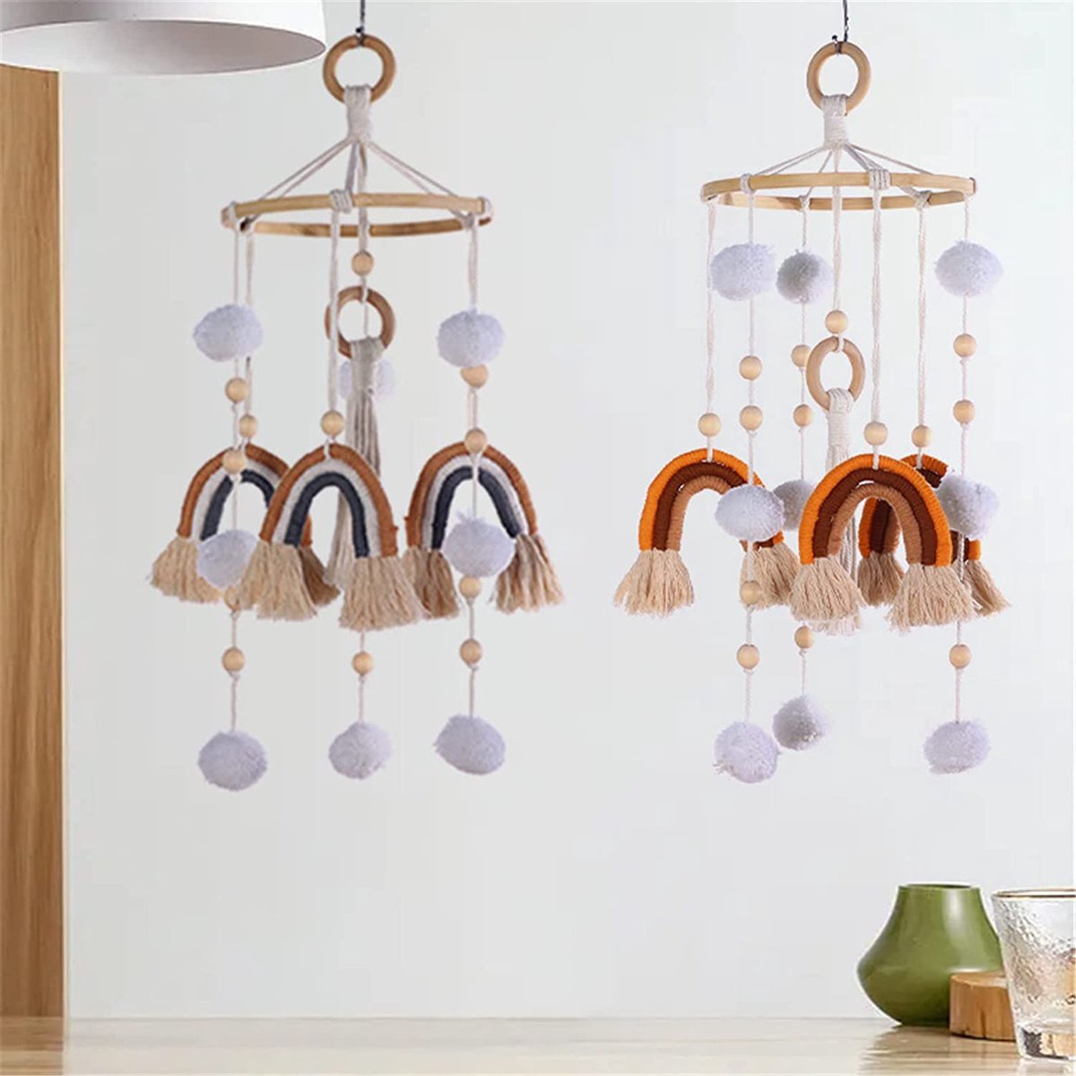 Rainbow babybed mobiel baby hout met pompon kinderkamer meisjes bed bel ...