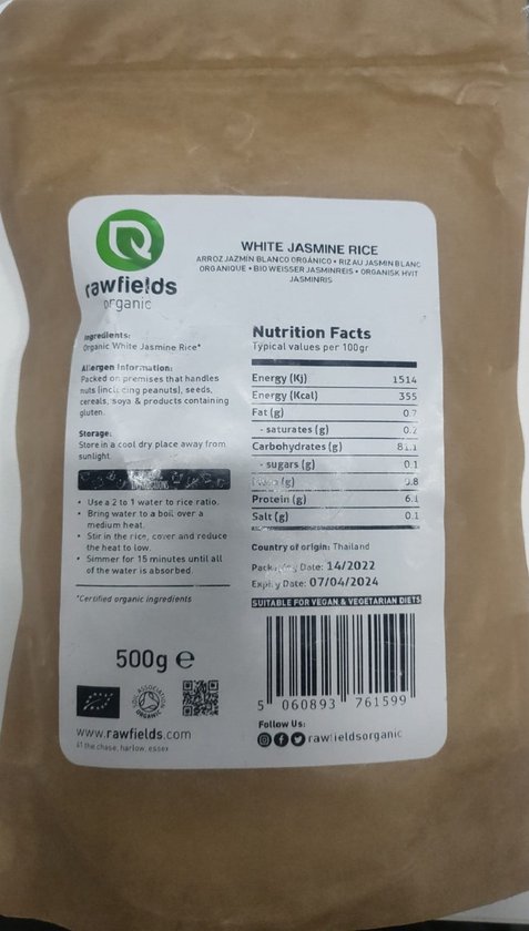 Witte Jasmijnrijst - Rawfields Organic - Biologische Rijst - 500 gr ...