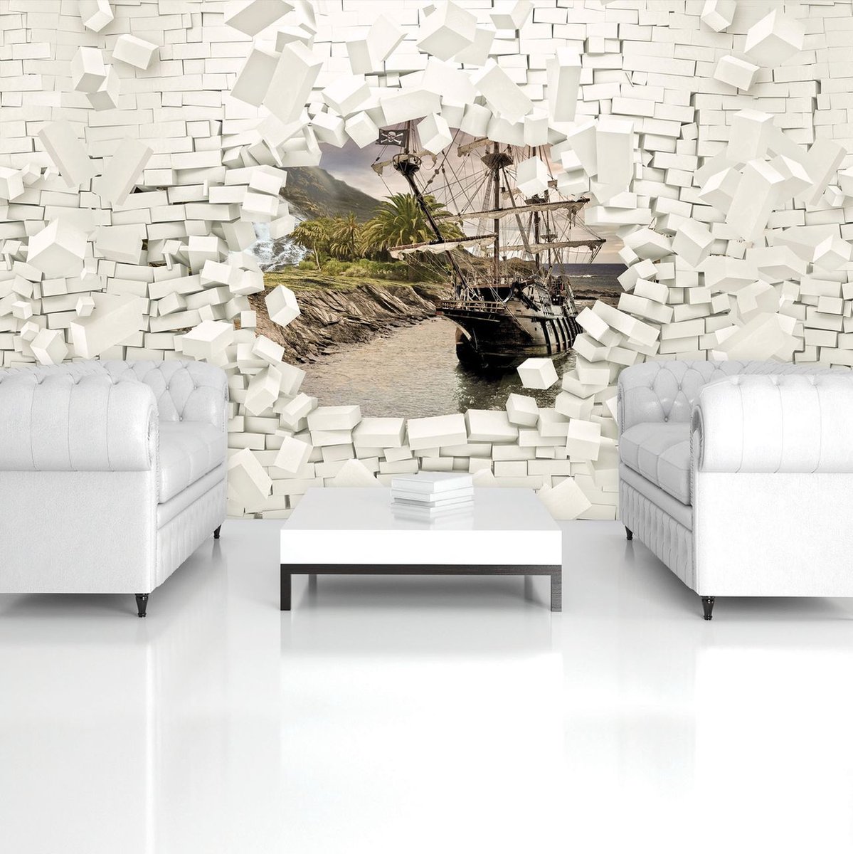 Fotobehang - Vlies Behang - Piratenschip door Gebroken Muur 3D - 254 x ...