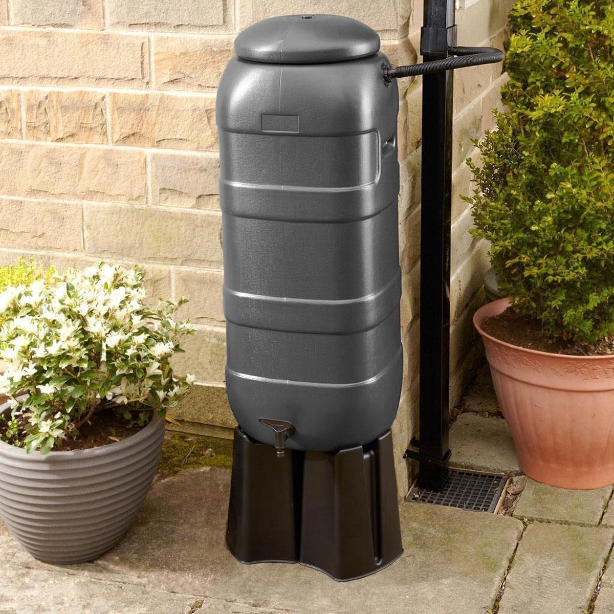 Luxe voordeelset 100L antraciet Regenton Rainsaver watervat + kraan ...