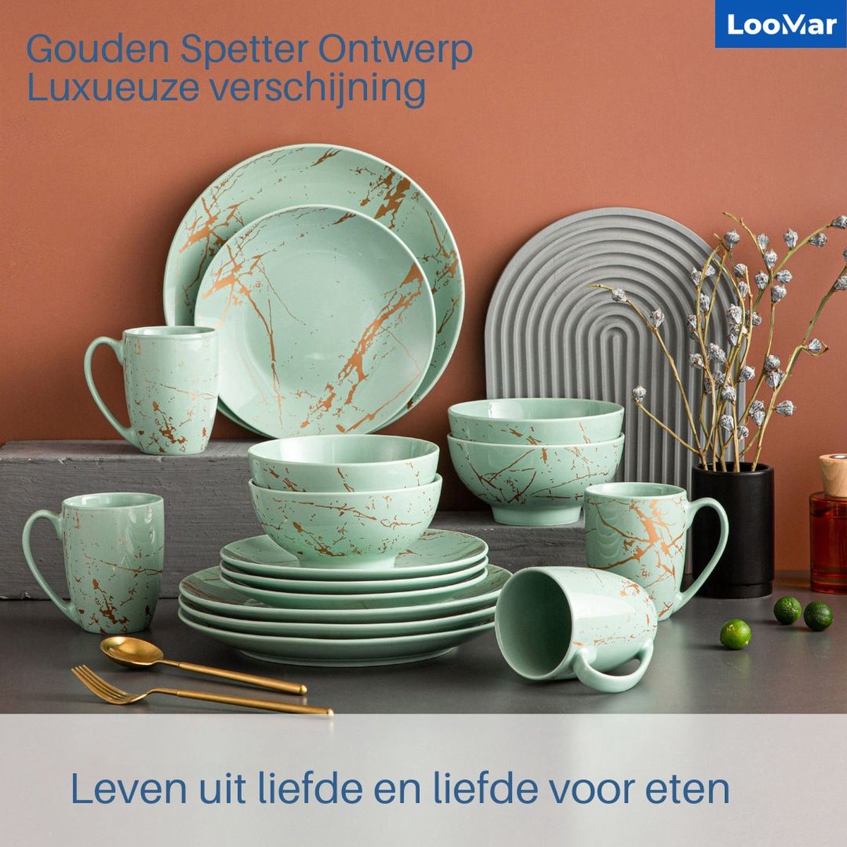 LooMar Serviesset – 32 delig – 8 persoons – Porselein - Luxe – Groen ...