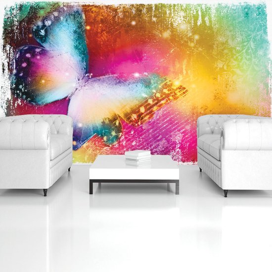 Fotobehang - Vlies Behang - Geschilderde Regenboog Vlinder - Kunst - 254 x 184 cm | bol.com