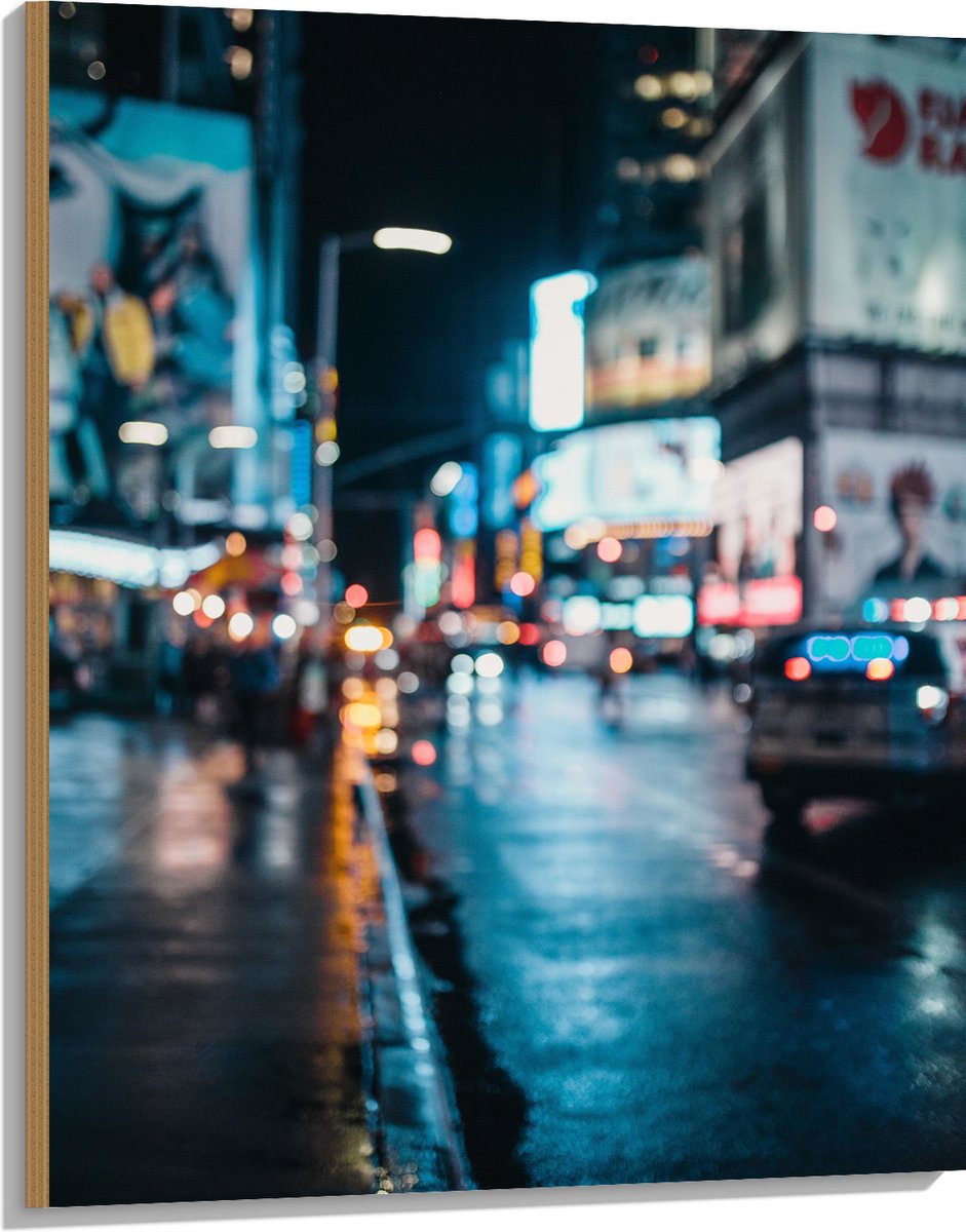Hout - Verlichte Straat in de Nacht - 75x100 cm - 9 mm dik - Foto op ...