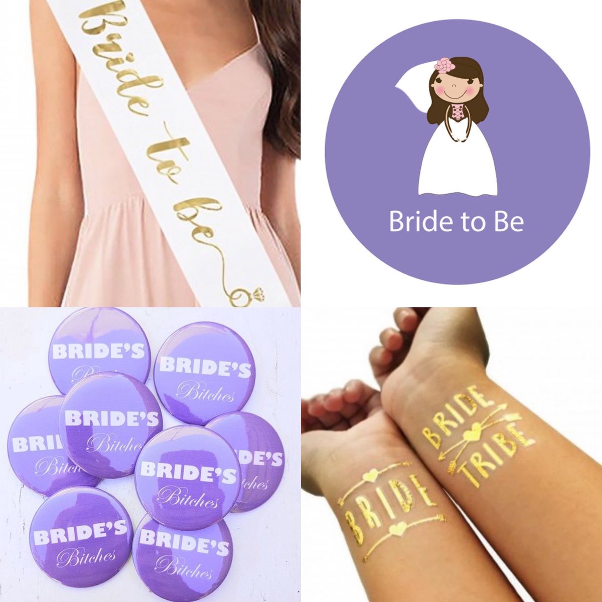 Vrijgezellenfeest set Bride Tribe paars wit goud met sjerp buttons en ...