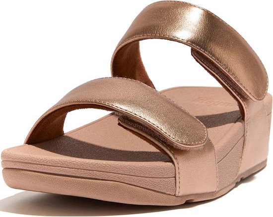 Fitflop Slipper Lulu Adjustable Leather Slides Rose Gold | bol