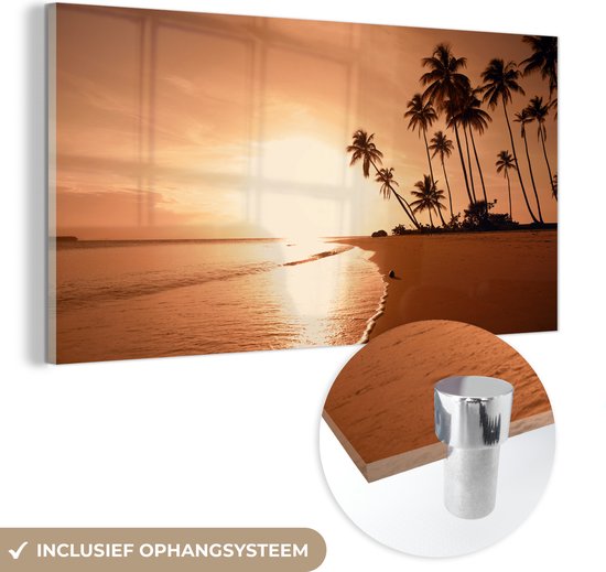Glasschilderij - Acrylplaat - Strand - Palmboom - Zon - Zee - Glas schilderij -... | bol