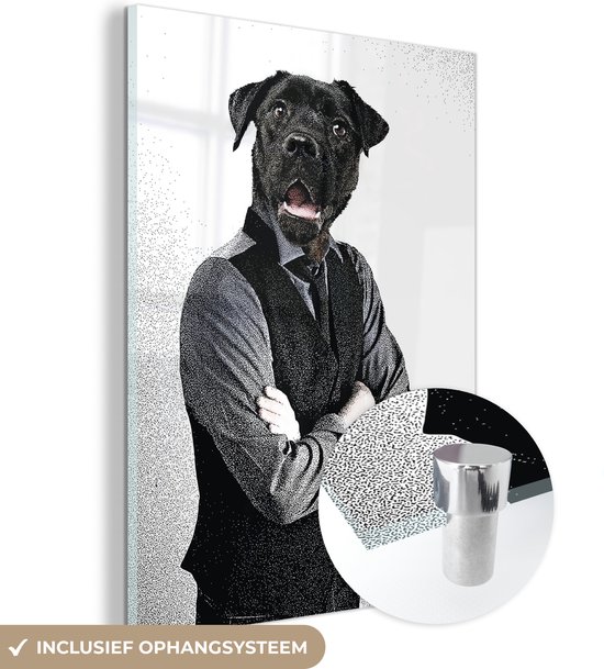 MuchoWow® Glasschilderij 90x120 cm - Schilderij acrylglas - Portret - Man - Hond -... | bol