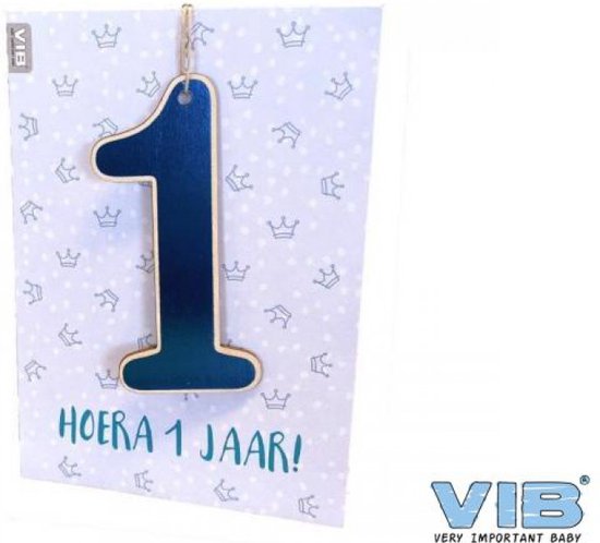Wenskaart met Houten Hanger 1 'HOERA 1 JAAR!' Blauw | bol