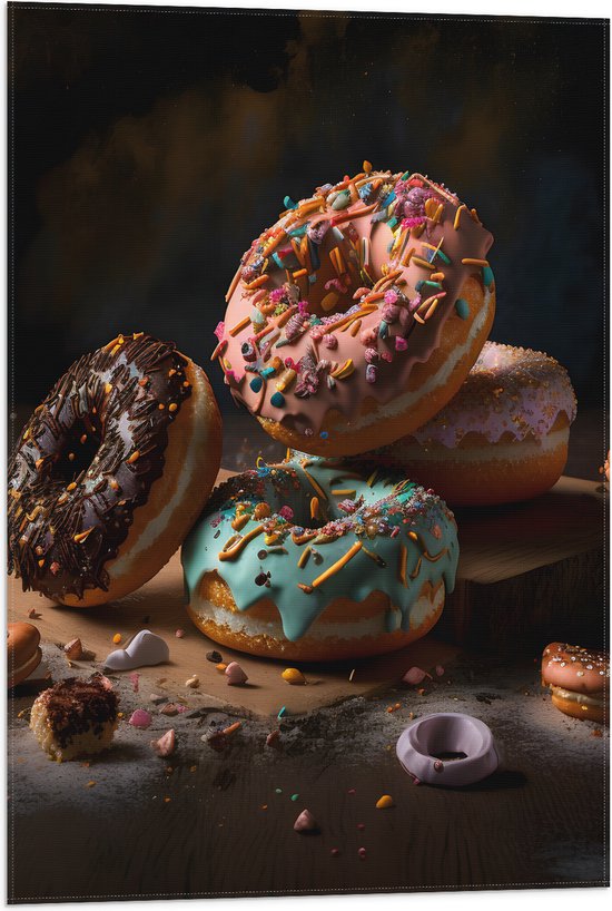 Vlag - Viertal Verschillende Smaken Donut op Houten Plateau - 50x75 cm ...