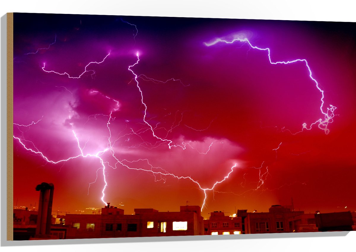Hout - Flle Bliksemschichten in het Paars en Rood boven Dorp - 105x70 ...