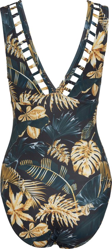 Badpak dames met v-hals en ajourdetail goud bladeren XL (Valt klein ...