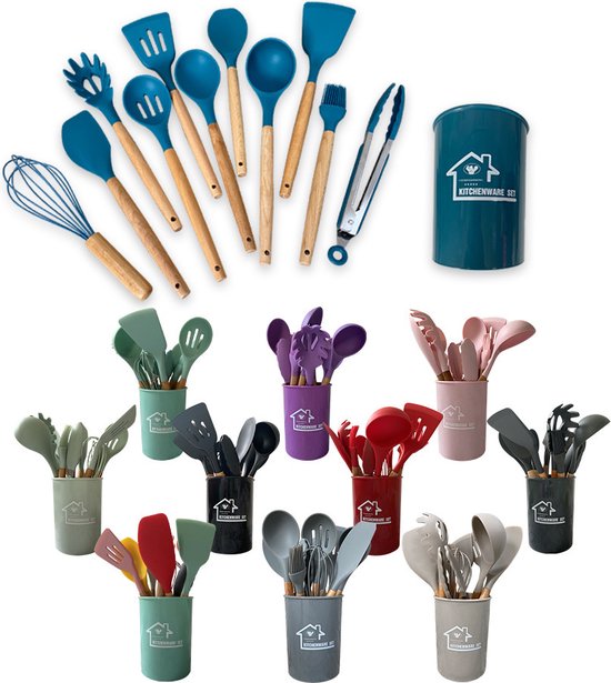 12-delige Itagala siliconen keukengerei set met houder| Keukengerei set ...