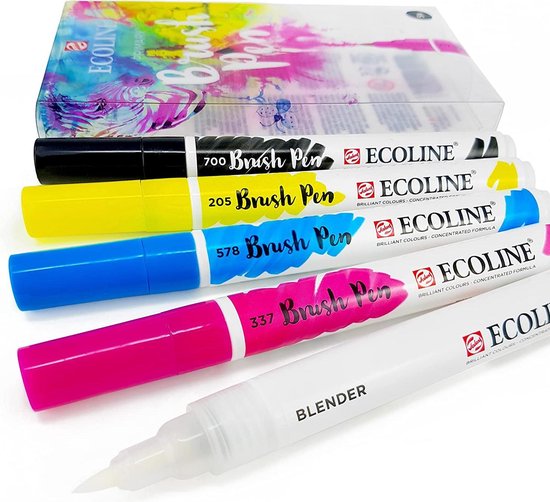 Ecoline “Primary ” Brushpennen set van 5 + 1 Blok Ecoline Papier 20 Vel ...