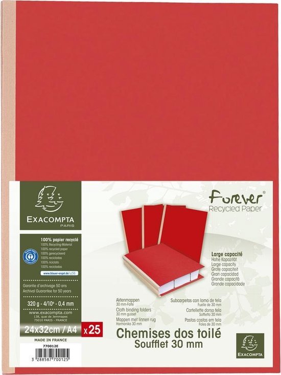 FOREVER 320 g/m_ - Pak van 25 dossiermappen met linnen rug - A4, Rood ...