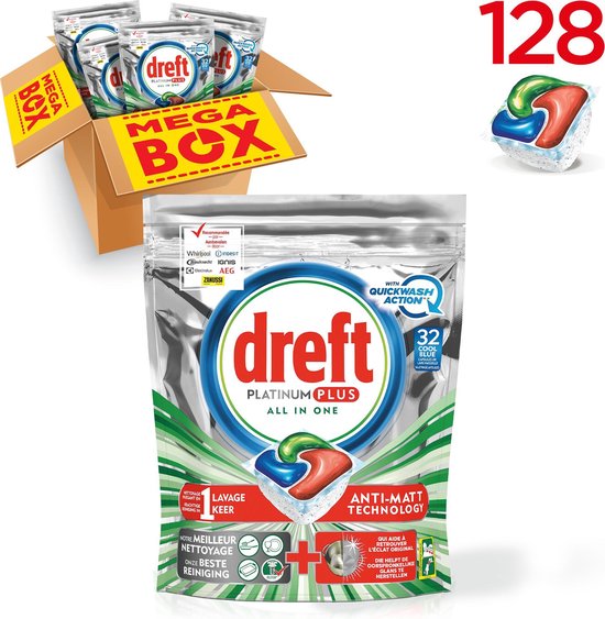 Dreft Platinum Plus Cool Blue - Kwartaalbox 4x32 Stuks - Wasmiddel ...