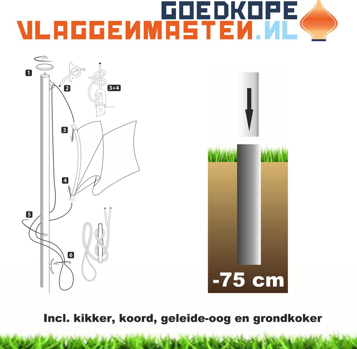 Vlaggenmast 6 meter aluminium conisch 100-60 mm, wit gecoat en incl. kikker, koord,... | bol.com