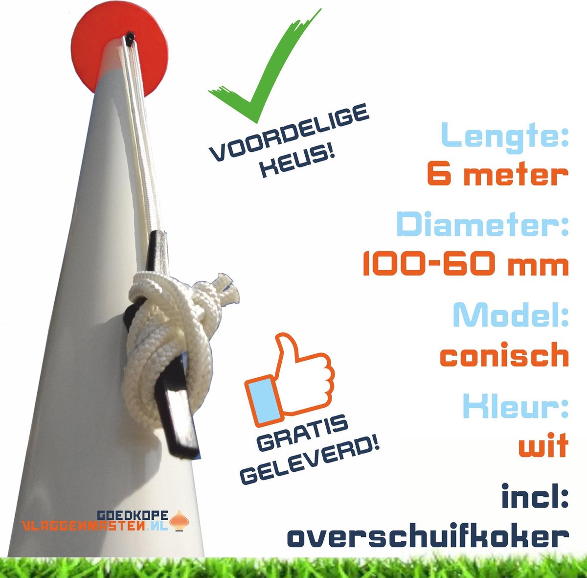 Vlaggenmast 6 meter aluminium conisch 100-60 mm, wit gecoat en incl. kikker, koord,... | bol.com