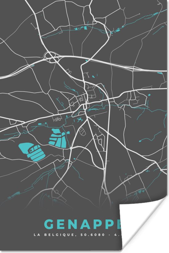 Poster België – Genappe – Stadskaart – Kaart – Blauw – Plattegrond ...