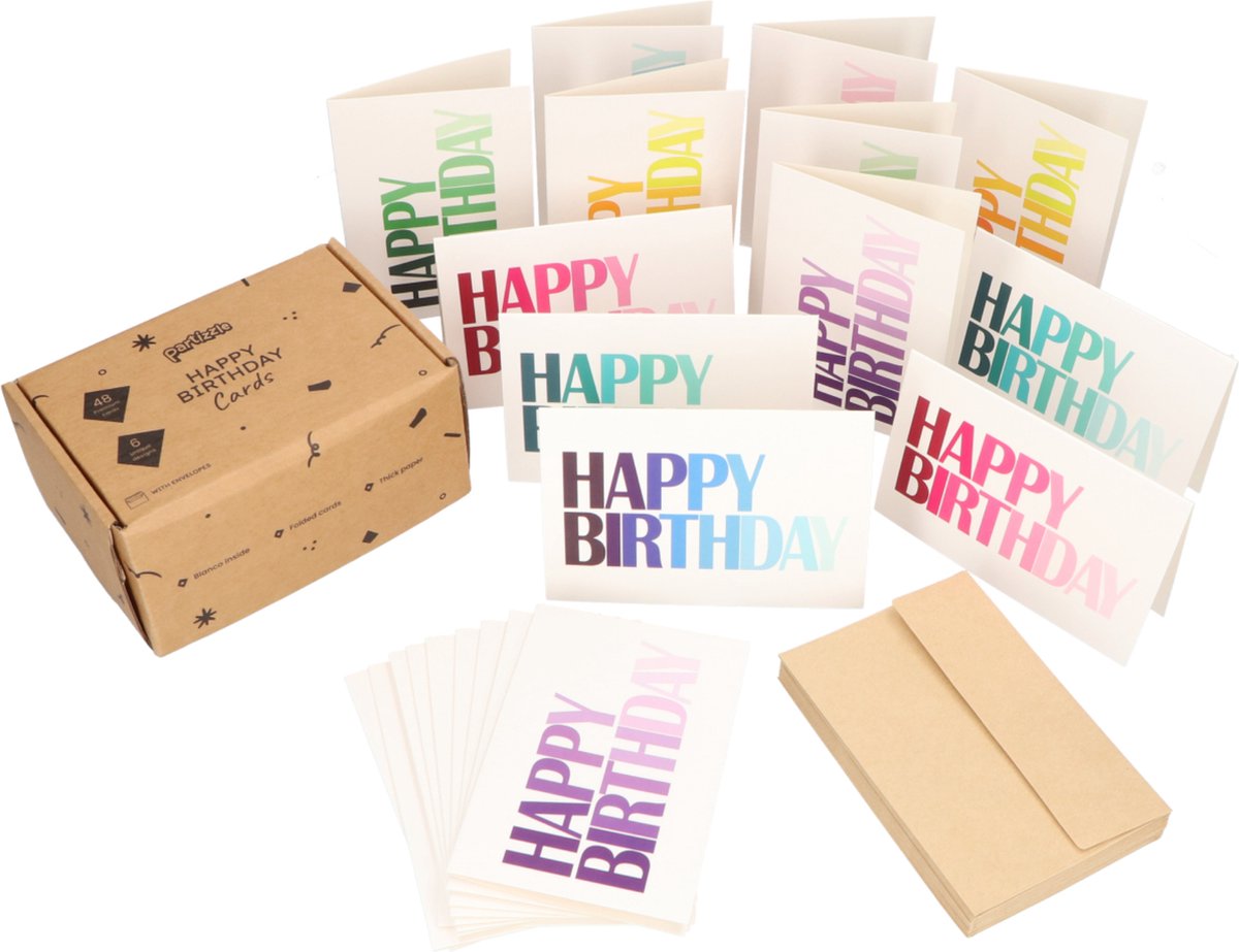 Partizzle 48x Verjaardagskaarten met Envelop Set - Wenskaarten ...