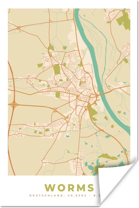 Poster Plattegrond - Worms - Stadskaart - Kaart - Vintage - 60x90 cm ...