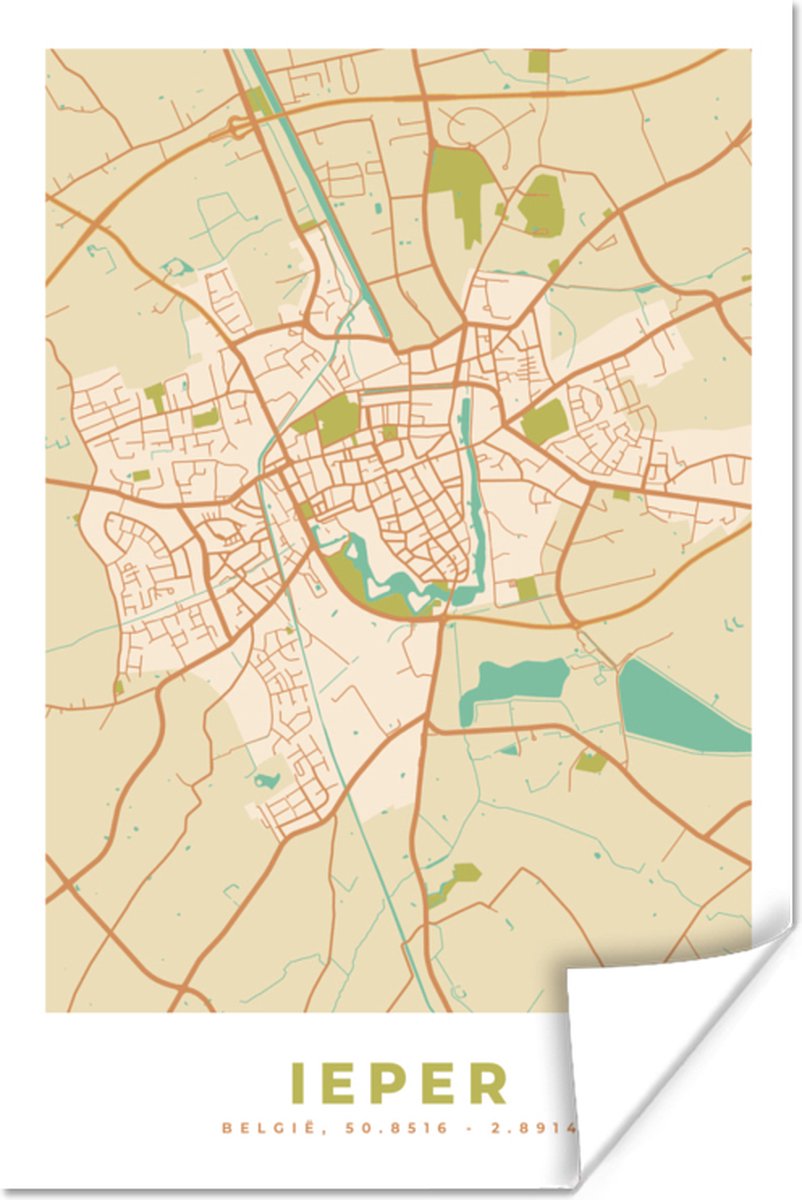 Poster Stadskaart - Ieper - Kaart - Vintage - Plattegrond - 60x90 cm ...