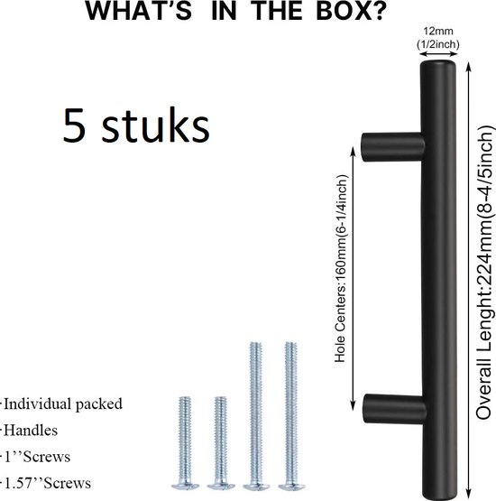 Meubelgrepen - Set van 5 Stuks - Zwart (AN) - 22,4 CM Rvs Buis ...