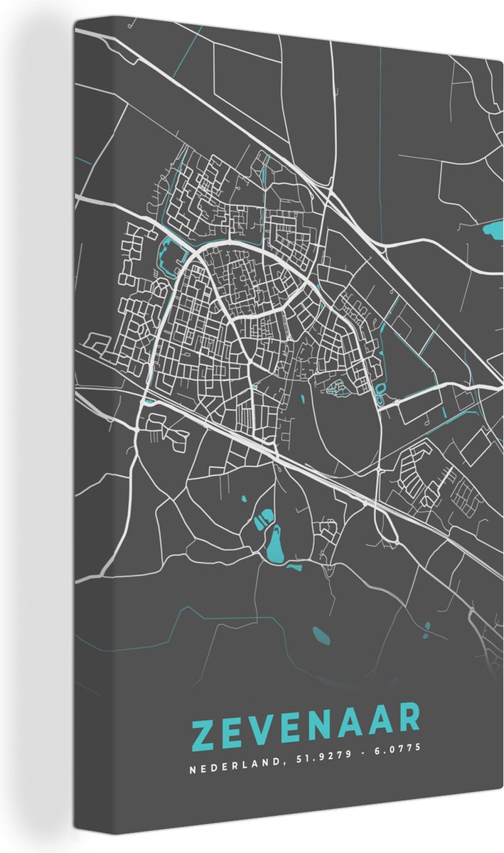 Canvas Schilderij Kaart - Zevenaar - Plattegrond - Stadskaart - 40x60 ...