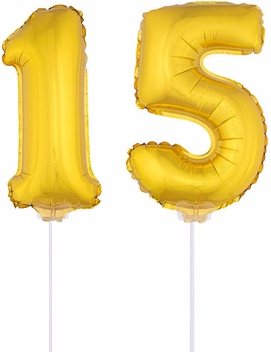 Gouden opblaas cijfer 15 op stokjes | bol