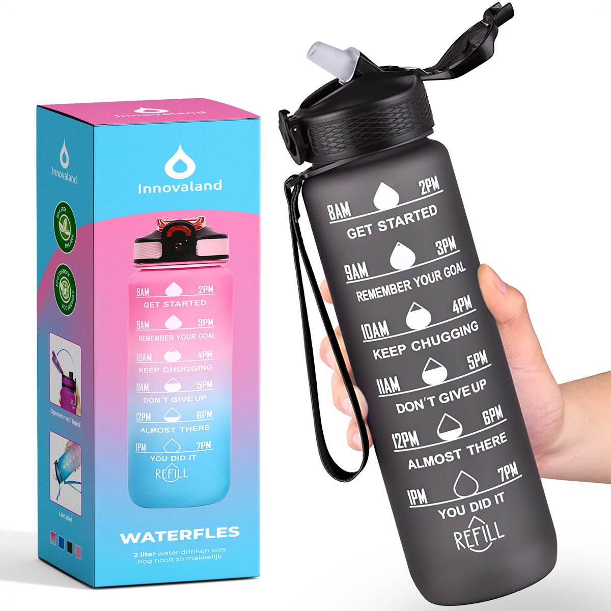 Innovaland Motivatie Waterfles Zwart - 1 Liter Drinkfles - Waterfles ...