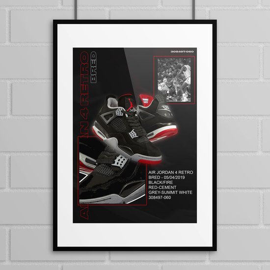 Sneaker Poster Nike Jordan 4 Bred [30x40] | bol.com
