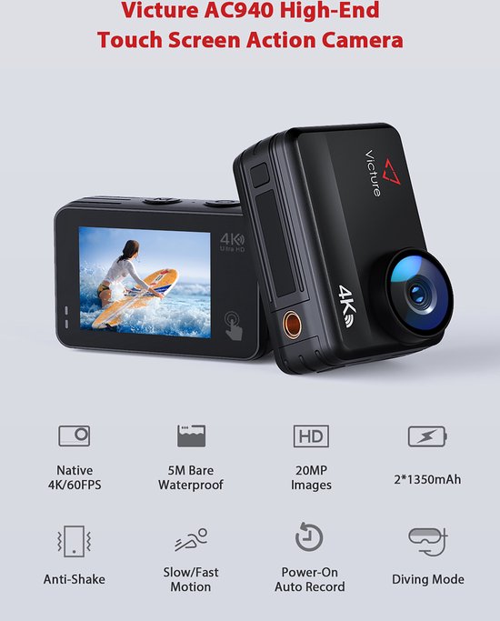 APEMAN AC940 4K 60FPS Action camera - Touchscreen - 40M Waterdicht ...