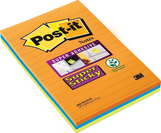 Post-it® Super Sticky Notes, Oranje, Geel,Blauw, Gelijnd, 102mm x 152 ...