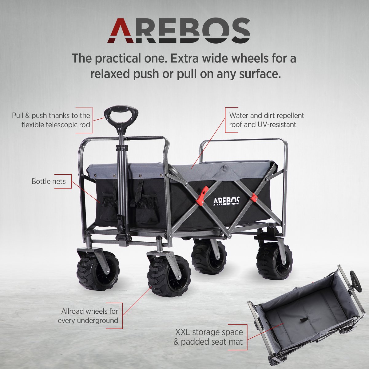 AREBOS Bolderkar Opvouwbare - Bolderkar Luchtbanden - Strandkar - Zwart / Grijs | bol.com