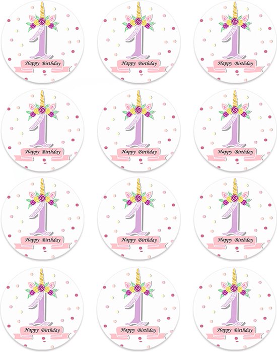 DW4Trading Sticker Happy Birthday Eenhoorn 1 Jaar - Ø 4,5 cm - 12 Stuks ...