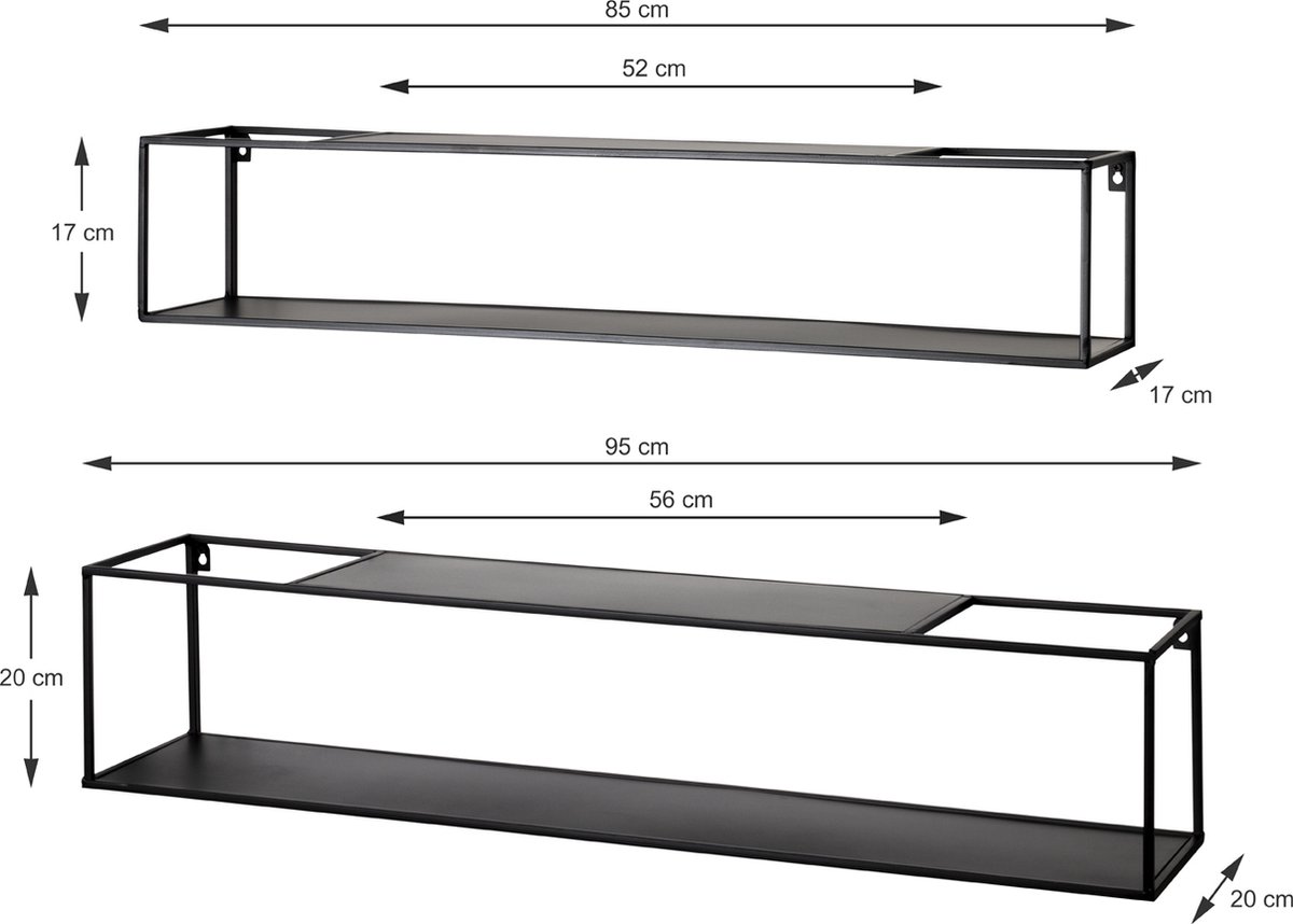 Hakushop Wandbox - Zwart metalen Wandplank - Set van 2 - 95 x 20 x 20 ...