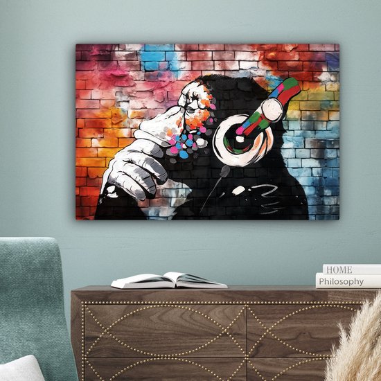 Canvas Schilderij 90x60 cm - Graffiti - Aap - Kleurrijk - Koptelefoon ...