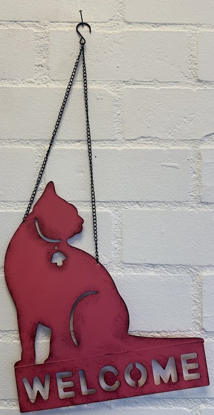 Metalen decoratie tuin hanger "kat + welcome"- rusty roze kleurig ...